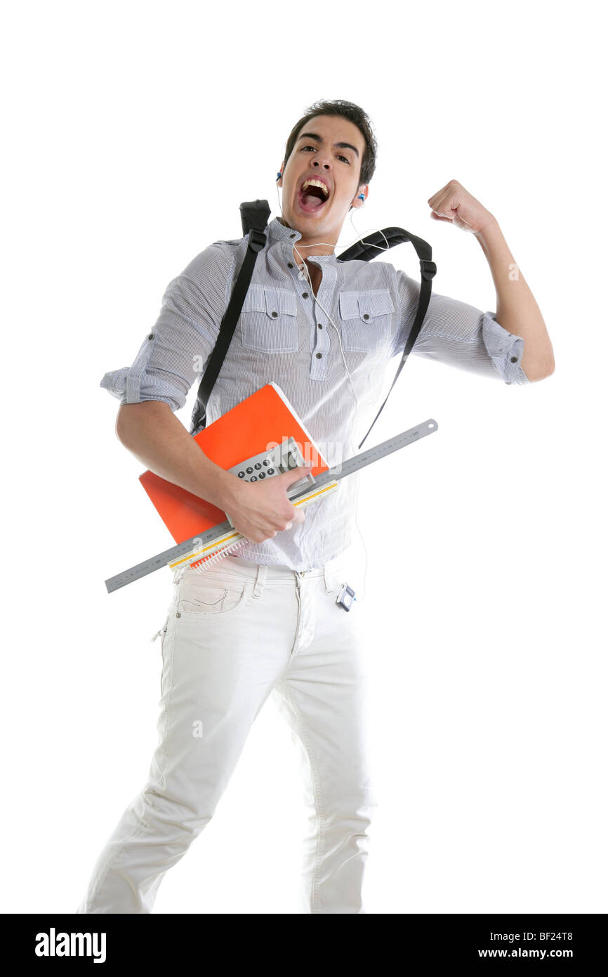 Happy student jump with college stuff in hand isolated on white Stock ...