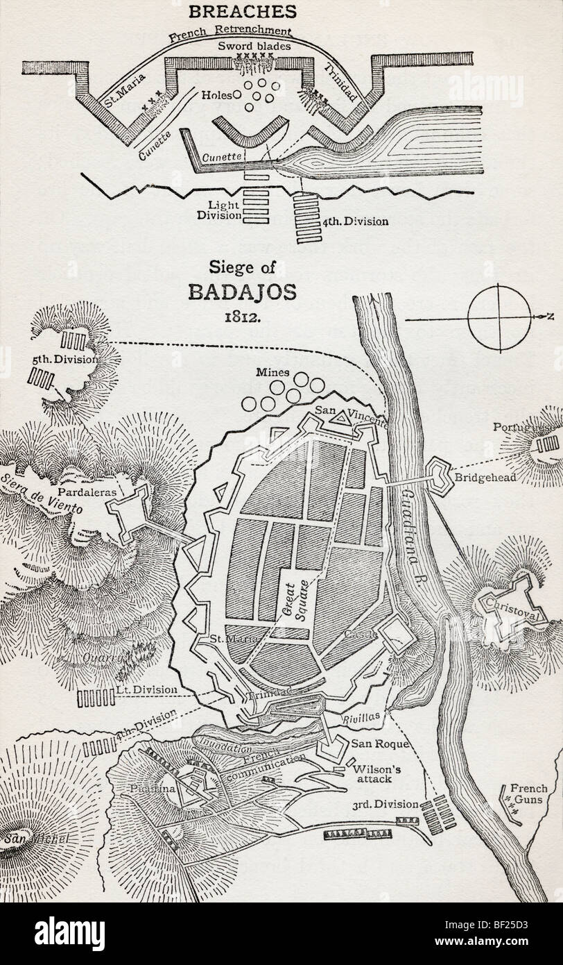 Map showing the site of the Siege of Badajoz, Spain, 1812 Stock Photo ...