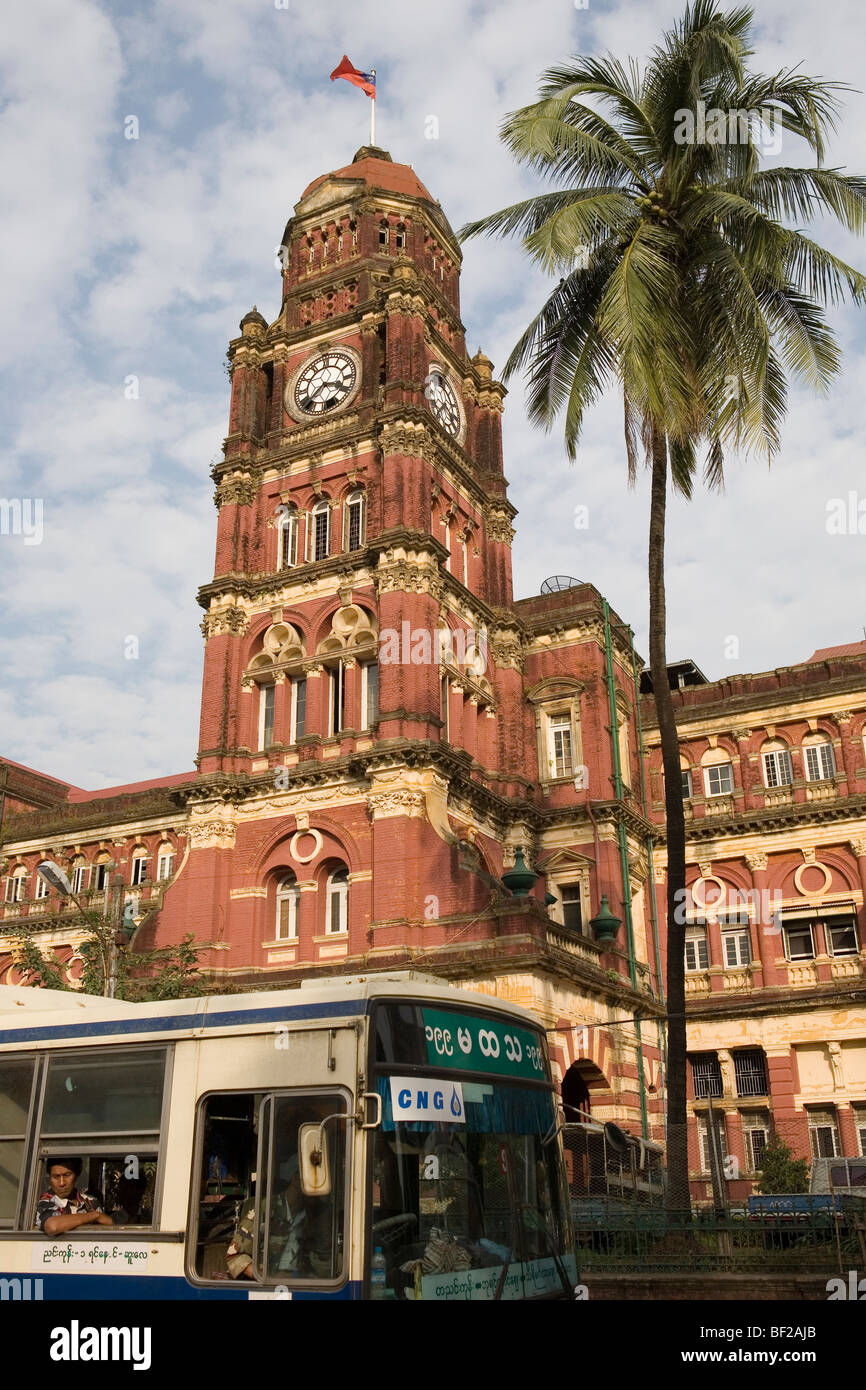 Palm tree in front of colonial central post office at Yangon, Rangoon ...