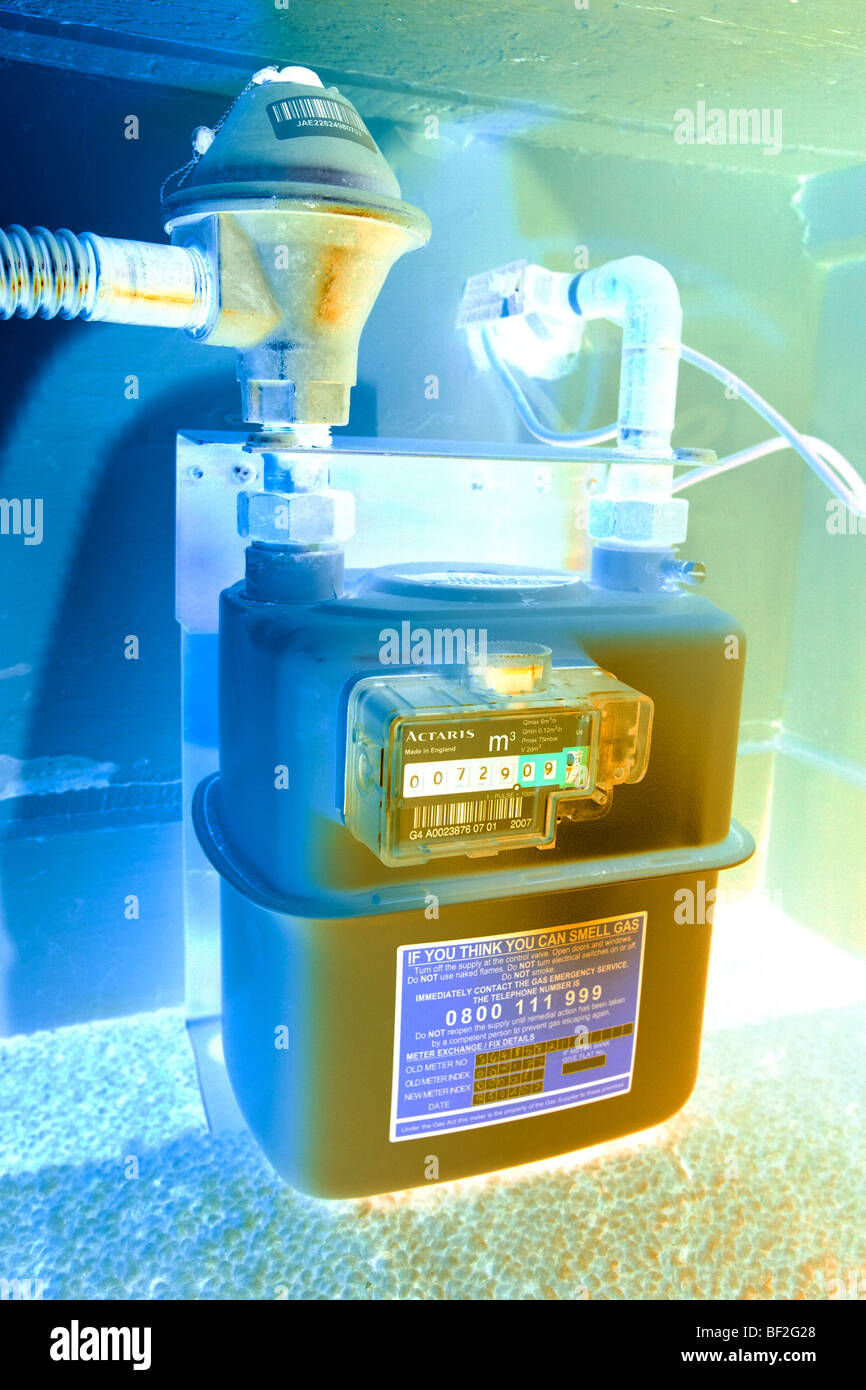 English domestic gas meter close up dial numbers reading measure house ...