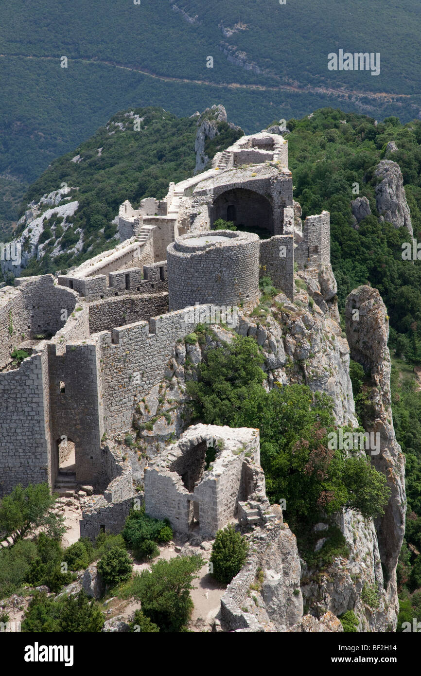 France, Peyrepertuse Castle, panoramic view of the castle walls and ...