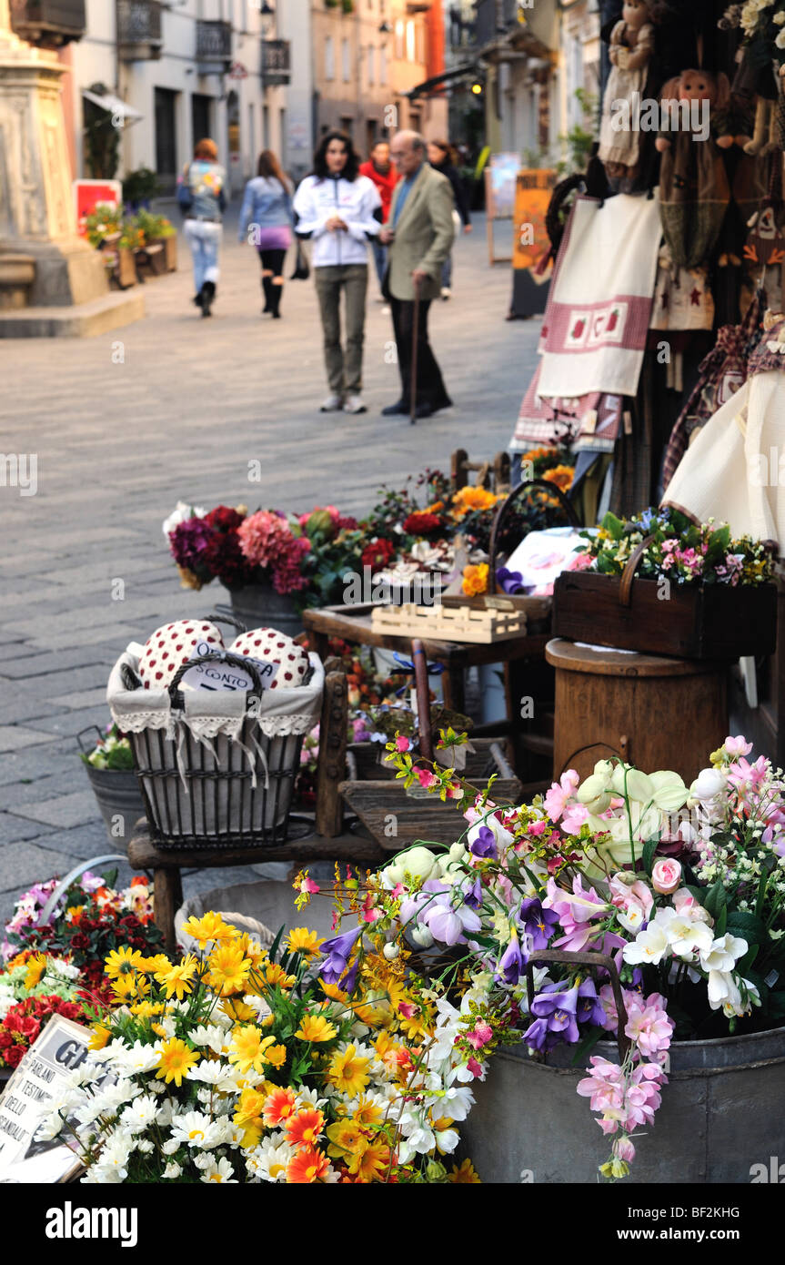 A flower display and street in Aosta, Italy Stock Photo - Alamy