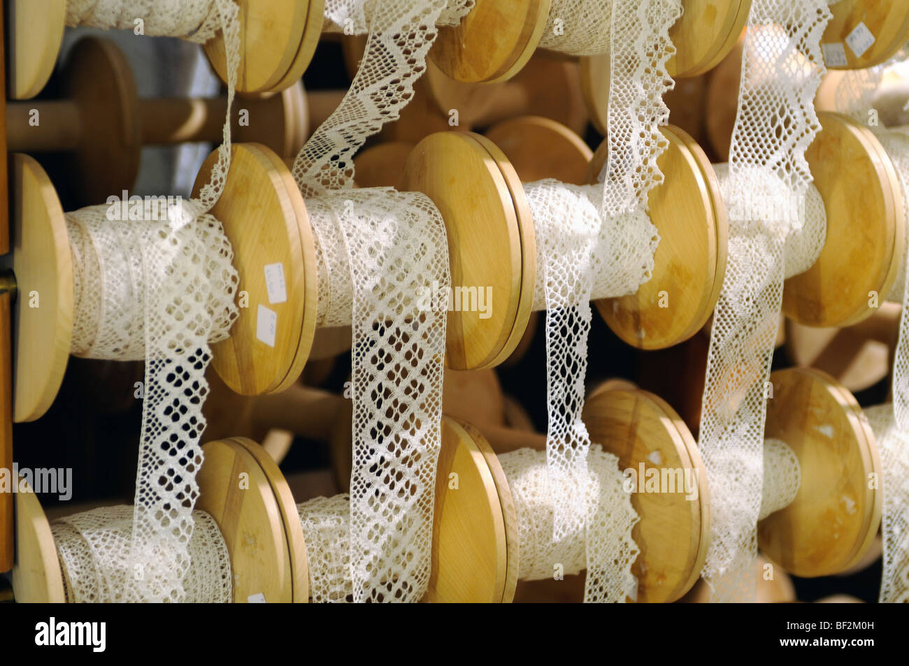 Spools of traditional lace in Cogne, Aosta valley, Italy Stock Photo ...