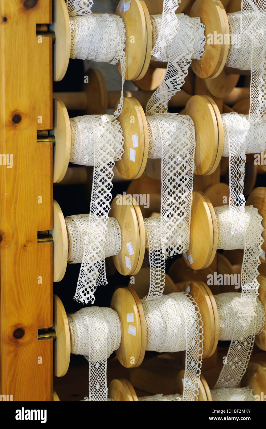Spools of traditional lace in Cogne, Aosta valley, Italy Stock Photo ...