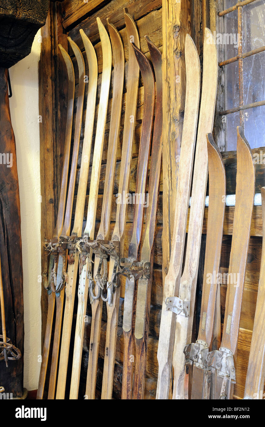 Old skis on display in Aosta, Italy Stock Photo - Alamy