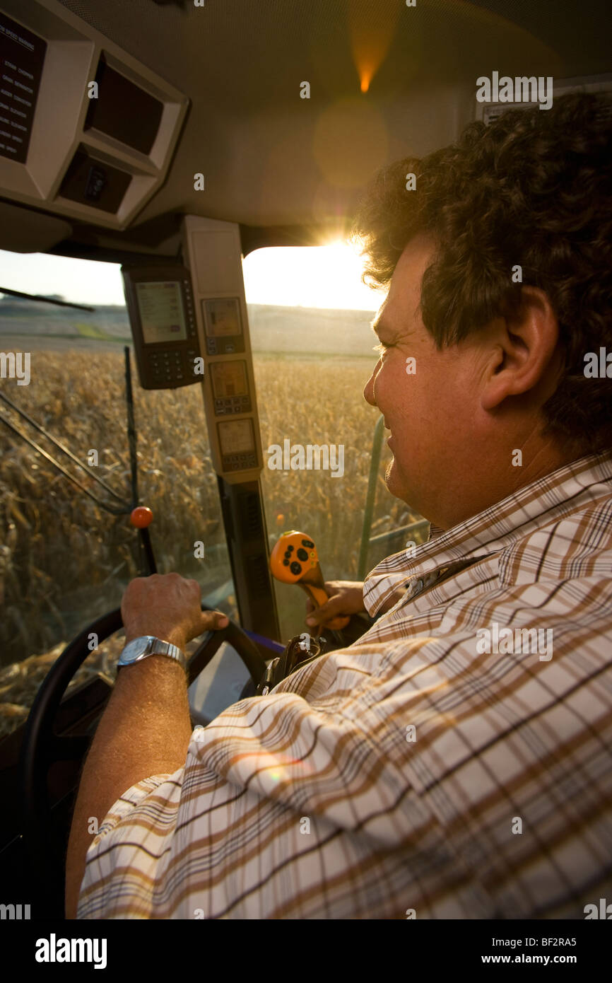 View from inside a combine cab of a farmer operating the combine during ...