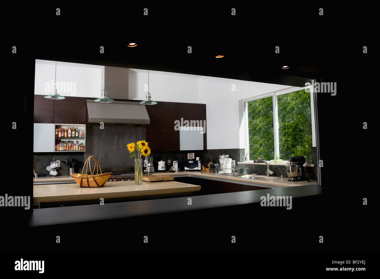 Kitchen viewed through a window Stock Photo - Alamy