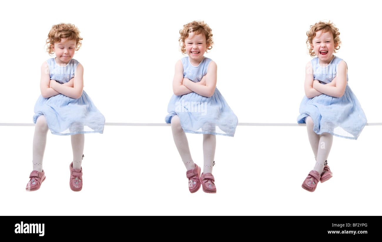 One girl three face expressions. Stitched from three photos, isolated ...
