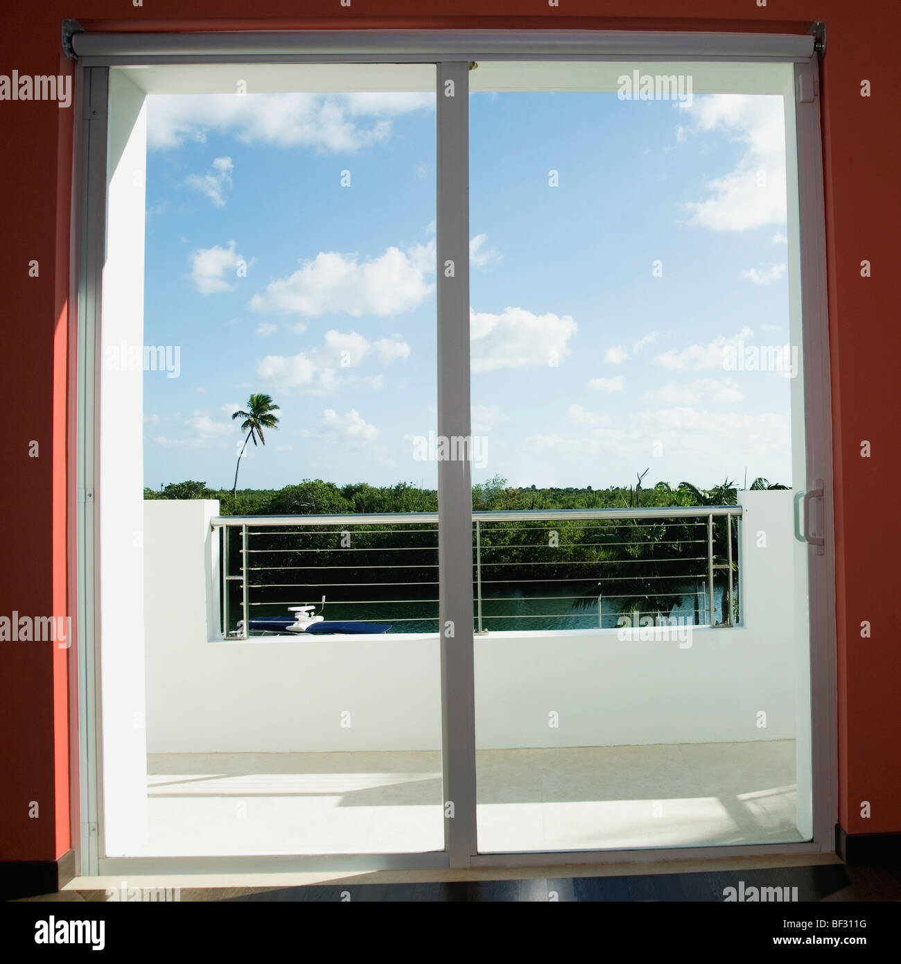 Railing viewed through a screen door Stock Photo - Alamy