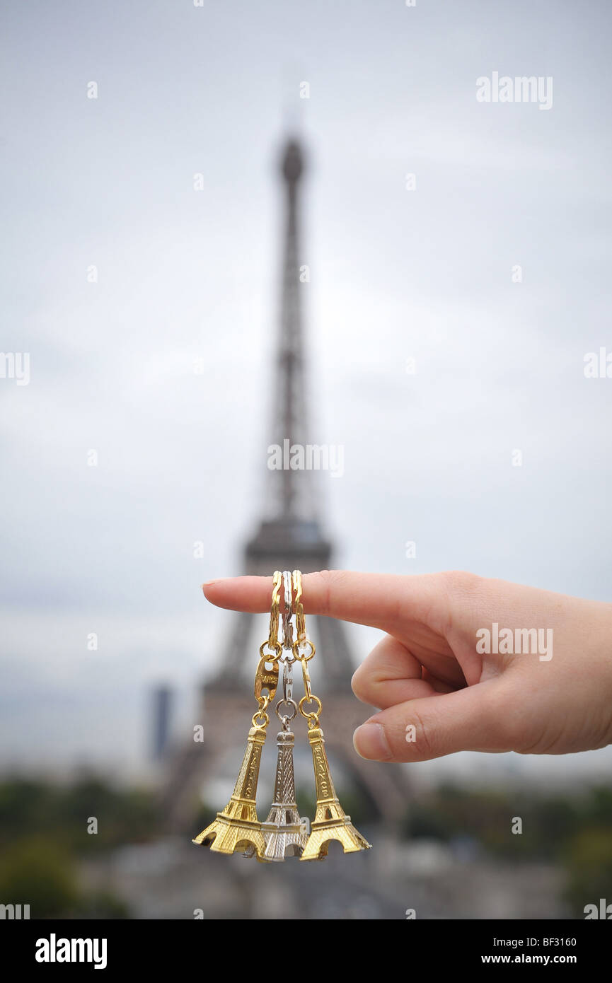 Paris' famous Landmark, the Eiffel Tower, with three key rings dangling ...