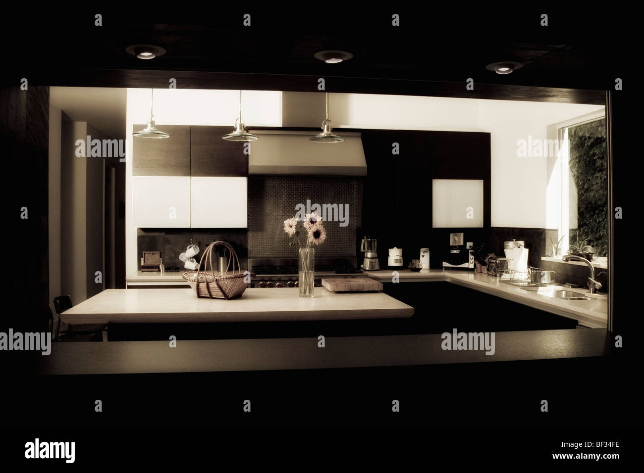 Kitchen viewed through a window Stock Photo - Alamy