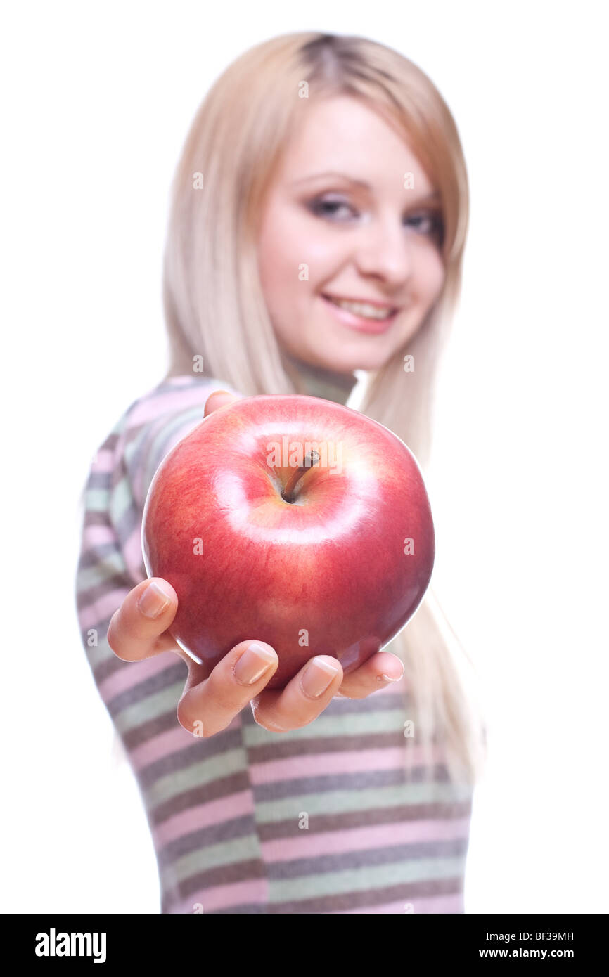 girl holding apple in his hands on a white background Stock Photo - Alamy
