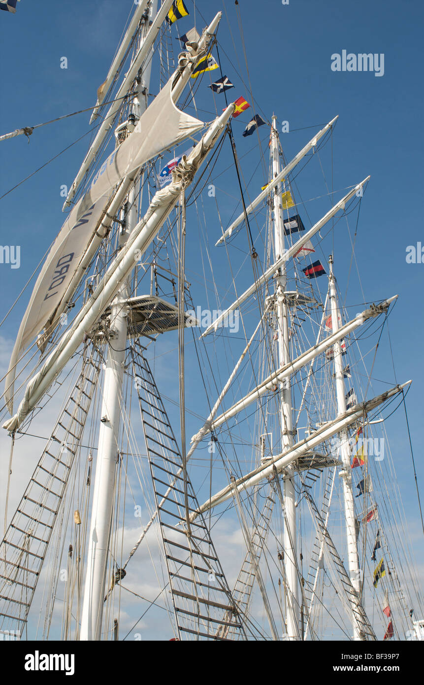 Mast of square rigged training ship against the sky in Southamptin ...