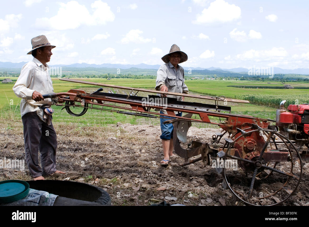Thai farmers plough thepadi field ready for planting rice Stock Photo ...