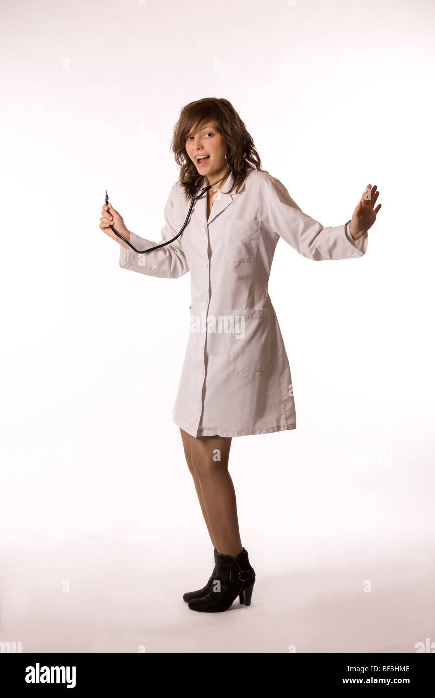 Crazy female doctor with stethoscope. Isolated on white Stock Photo - Alamy