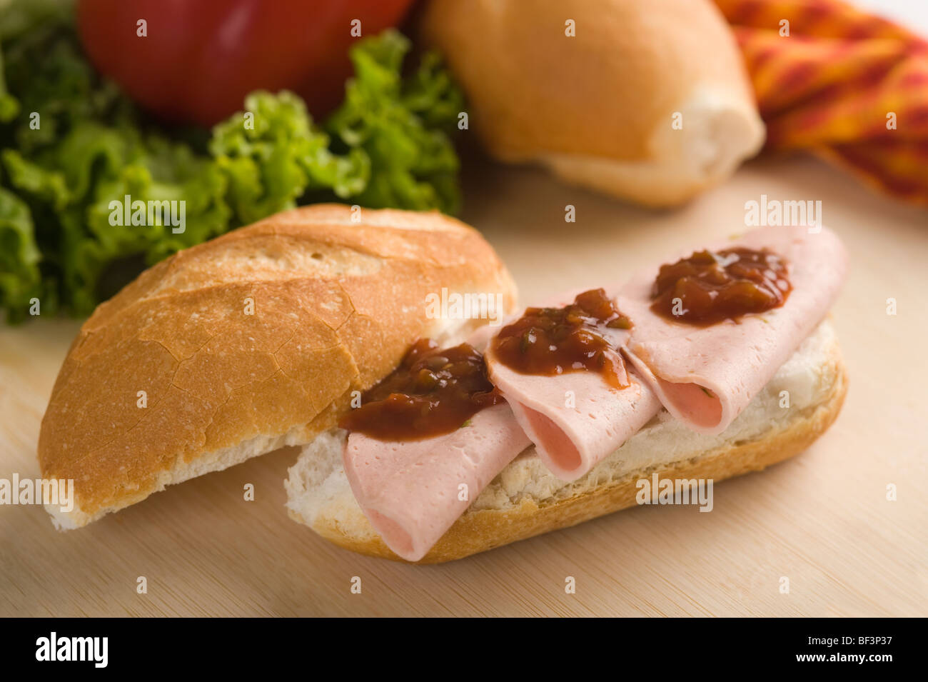 Close-up of a salami and salsa sandwich Stock Photo - Alamy