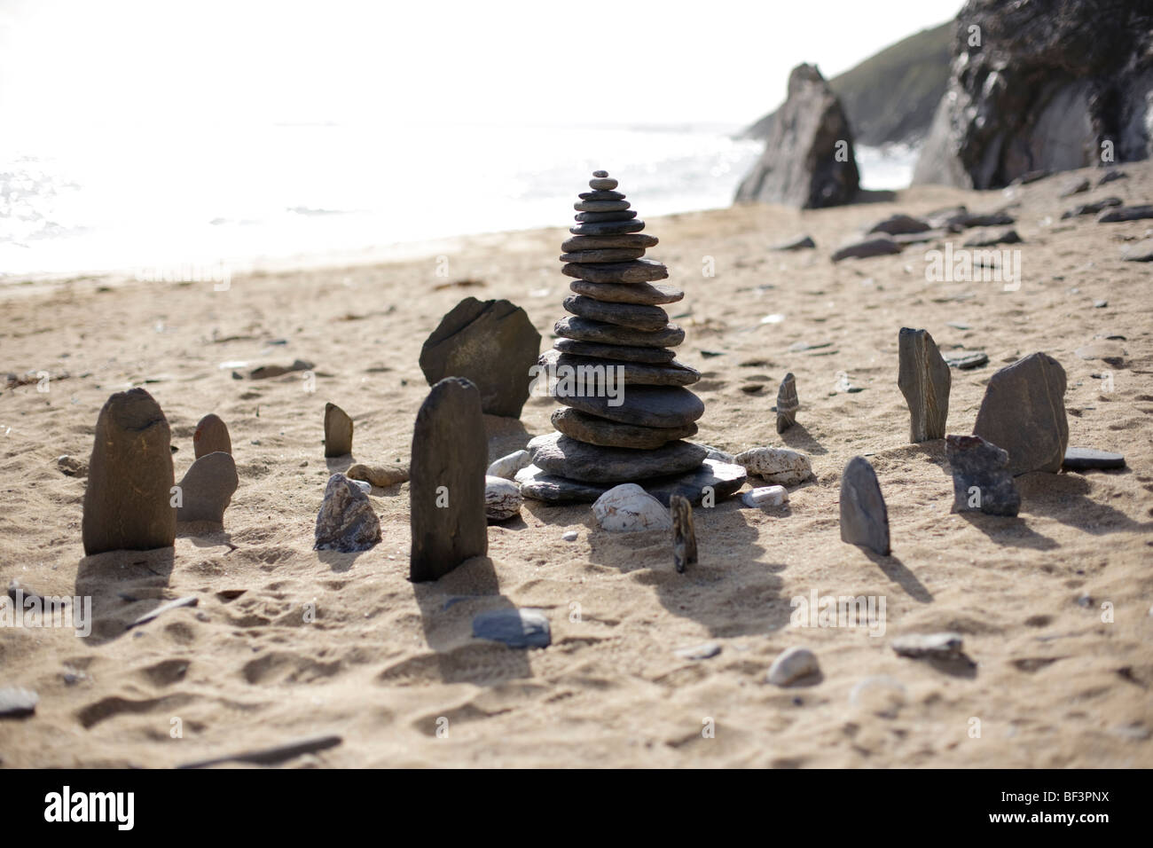 A ring of stones on Porthbeor beach in Cornwall Stock Photo - Alamy