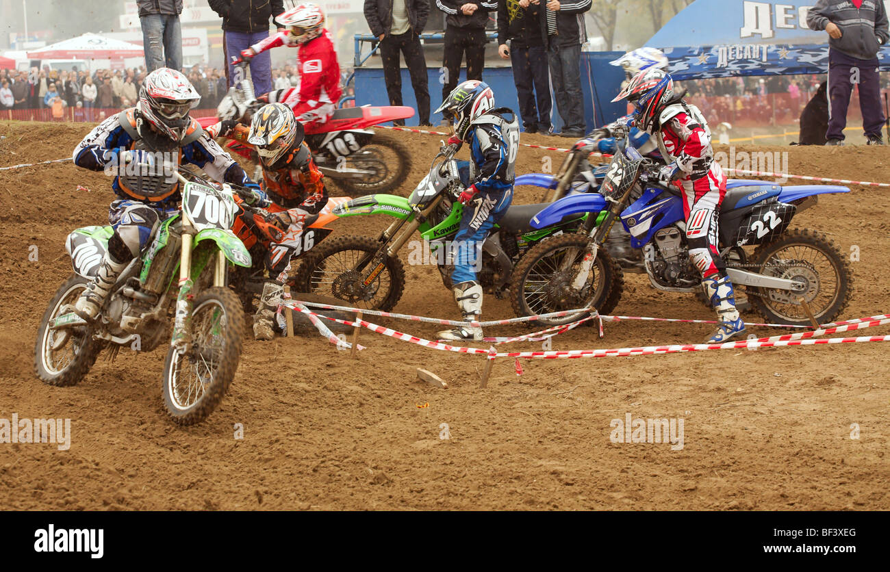 Competition on motorcycle sports among the youngest racers Stock Photo ...