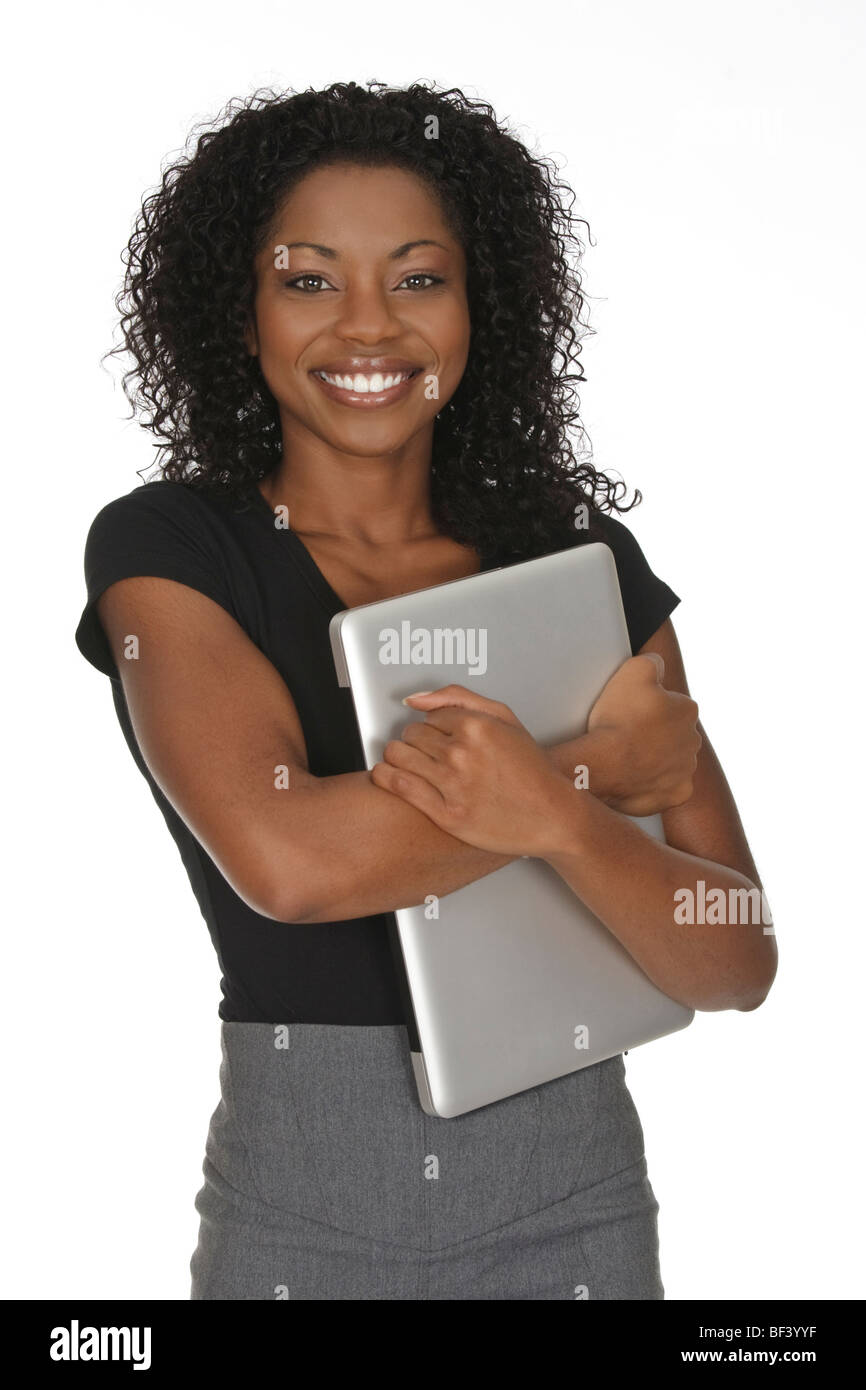 Beautiful African American businesswoman holding a laptop computer ...