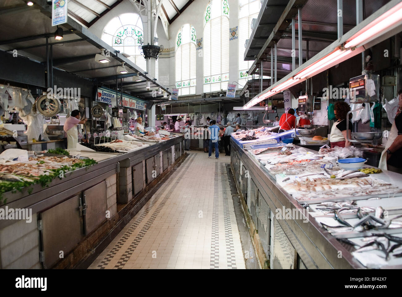 stalls selling fish in the indoor central market, Mercado central of ...
