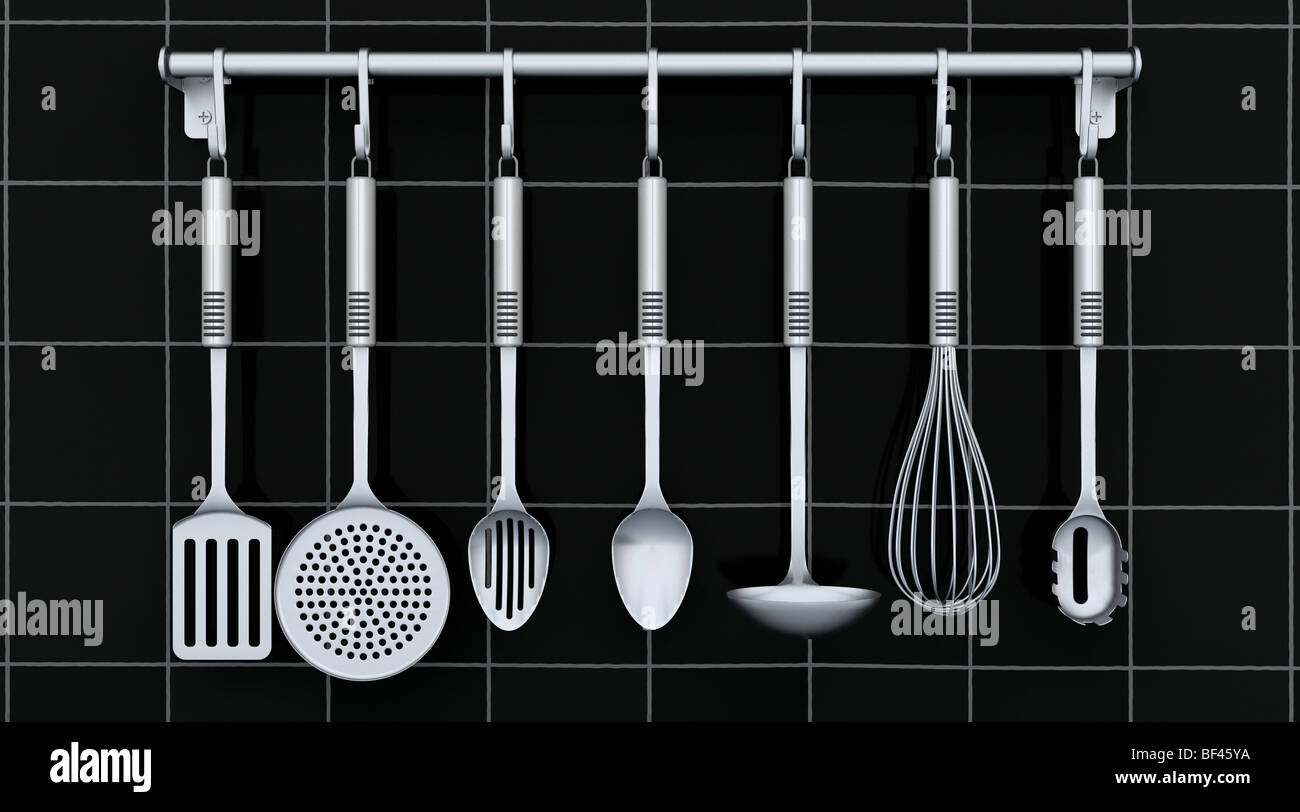 3d render of kitchen utensils on a rack mounted on a tiled wall Stock ...