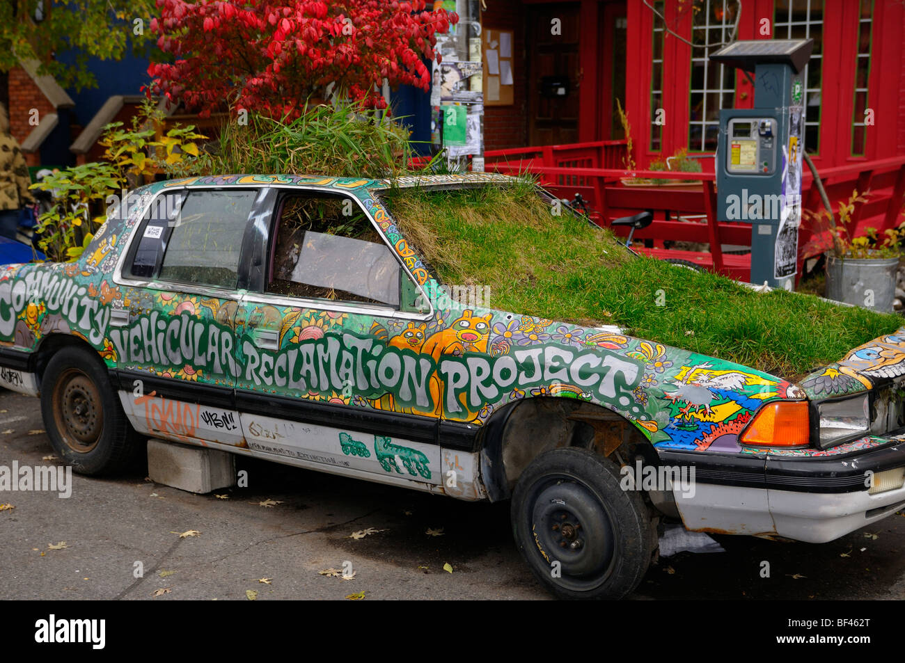 Wrecked Wacky car parked on Toronto street filled with earth and ...