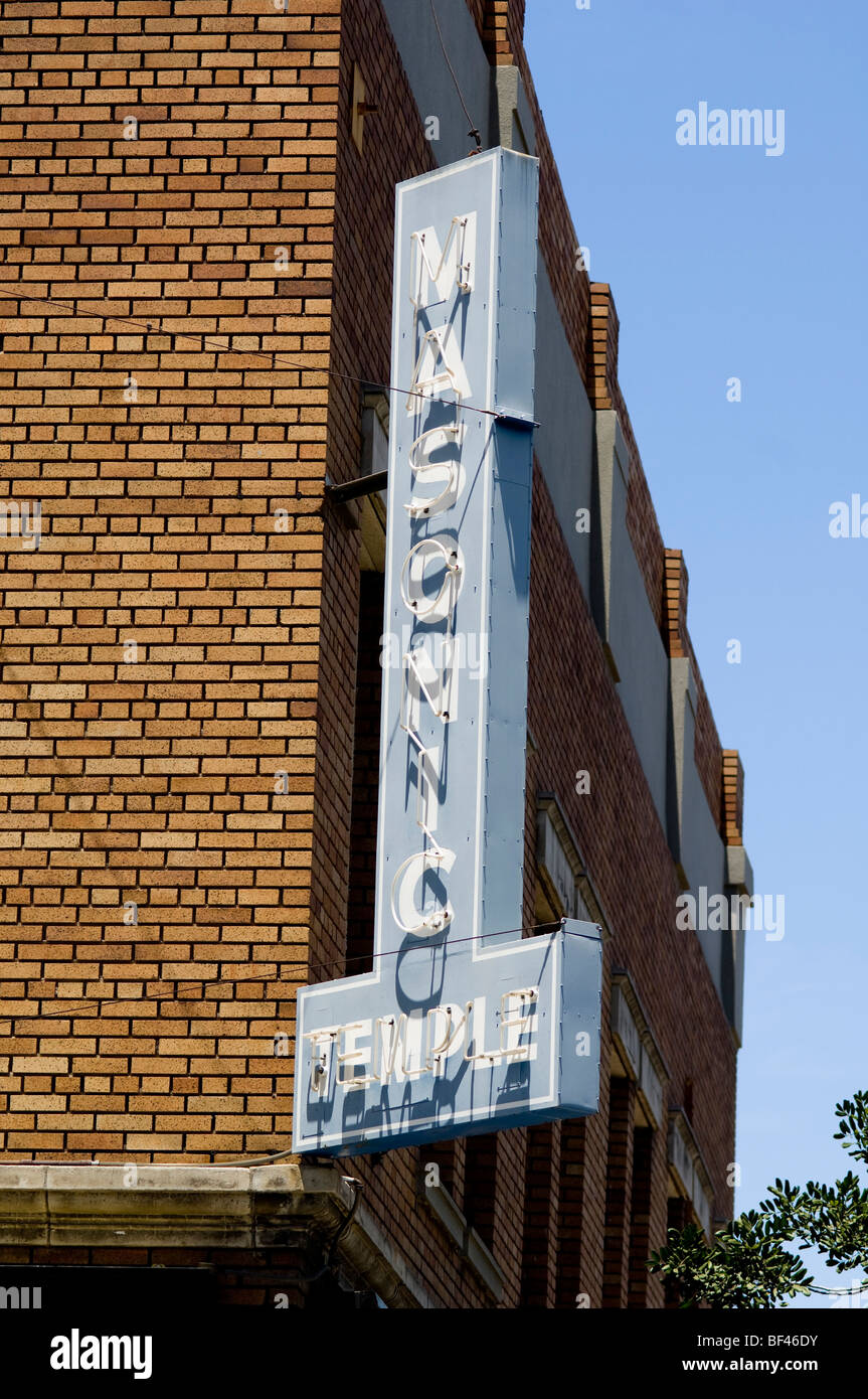 Neon sign indicating a Masonic Temple in Orange, California, USA Stock ...