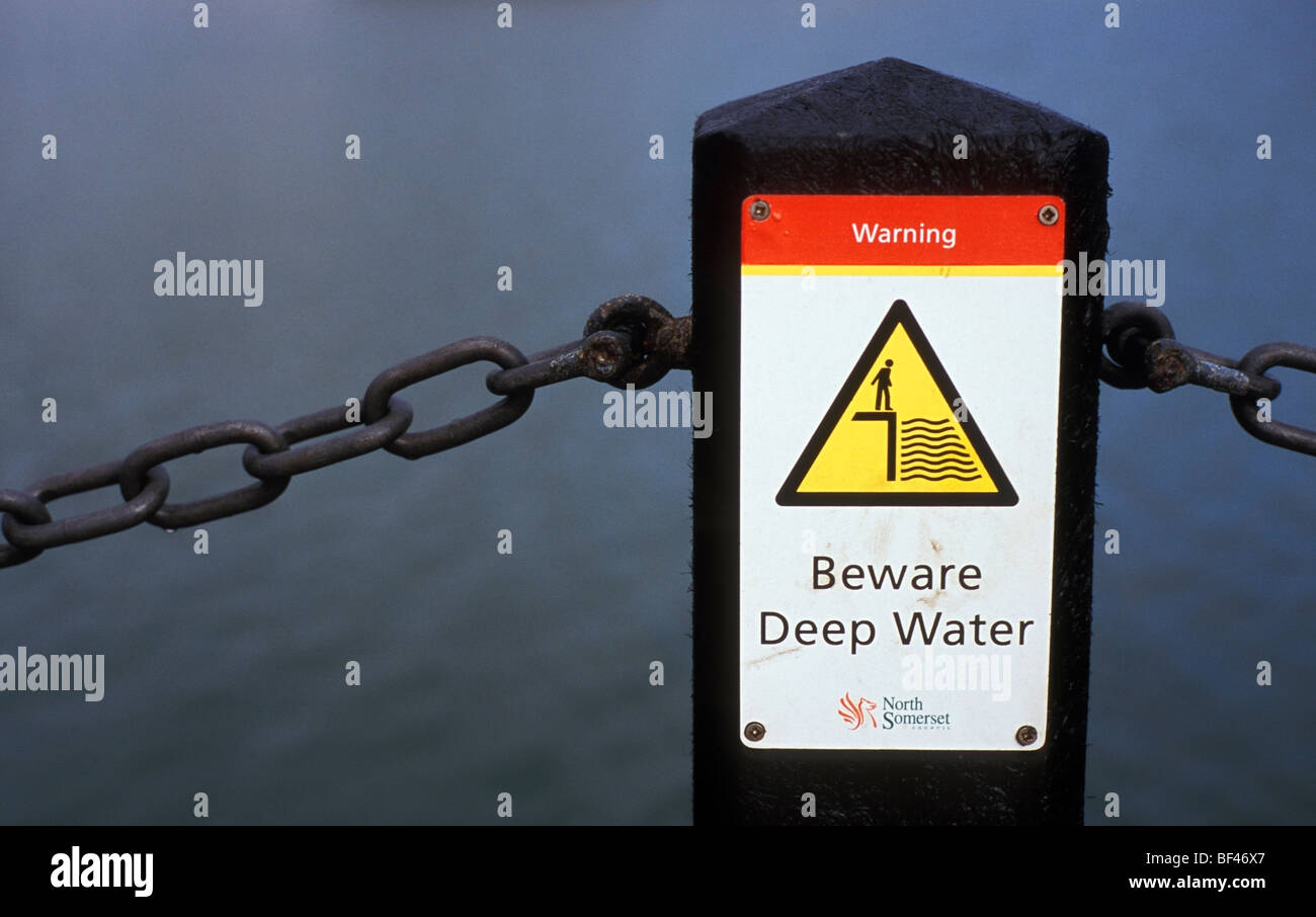 Deep water warning sign at Marine Lake at Weston Super Mare Somerset UK ...