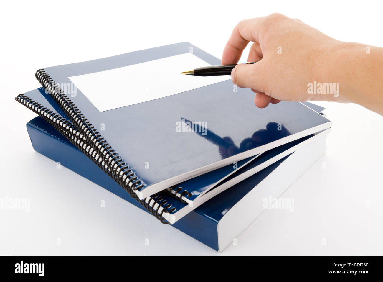Blue school textbook, notebook or manual with white background Stock ...