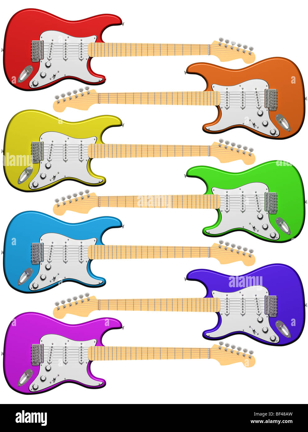 Isolated illustration of seven electric guitars in colors of the ...