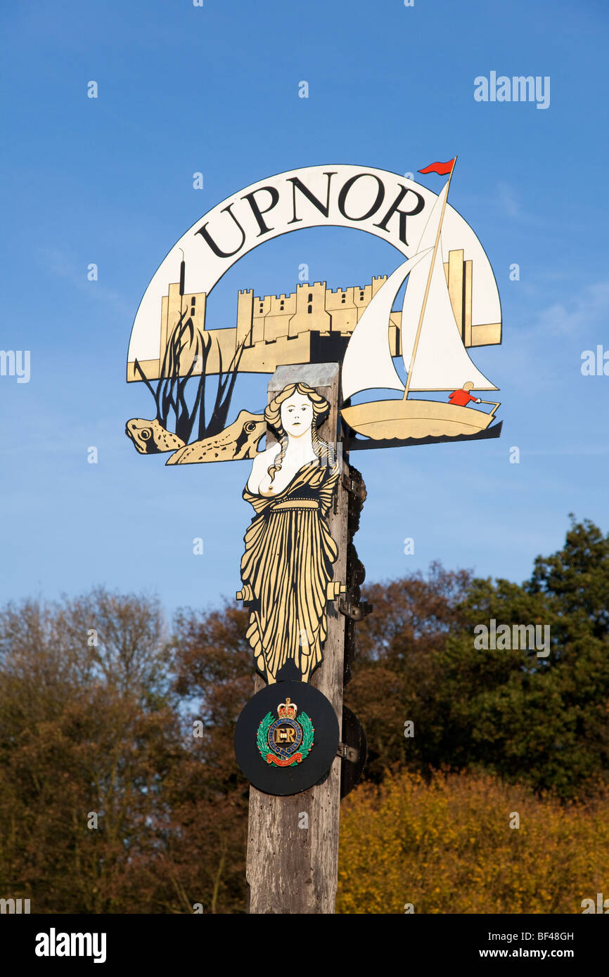 Village sign Upnor Kent UK and plaque of the Royal Engineers Stock ...