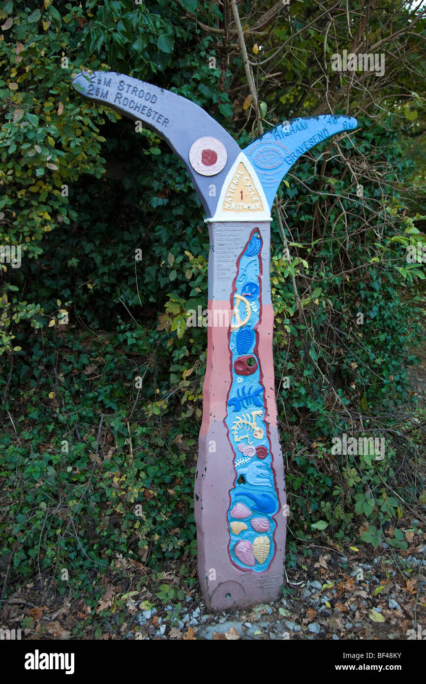Milepost on the National Cycle Network, Route 1, at Upnor Kent UK Stock ...