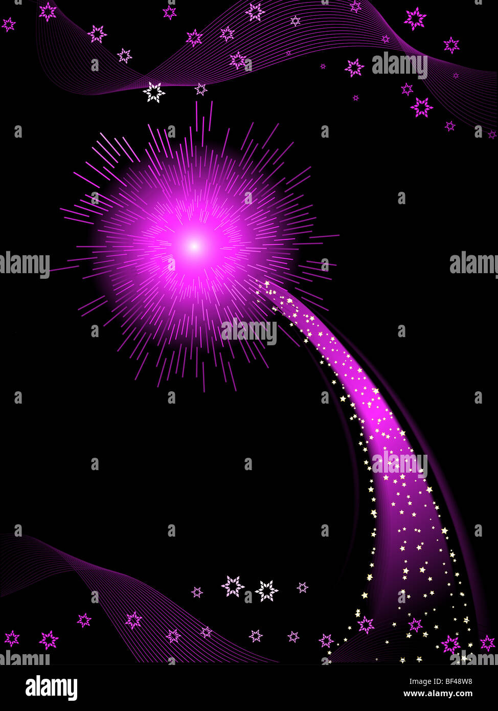 firework with light trail on a black background with waves and stars ...