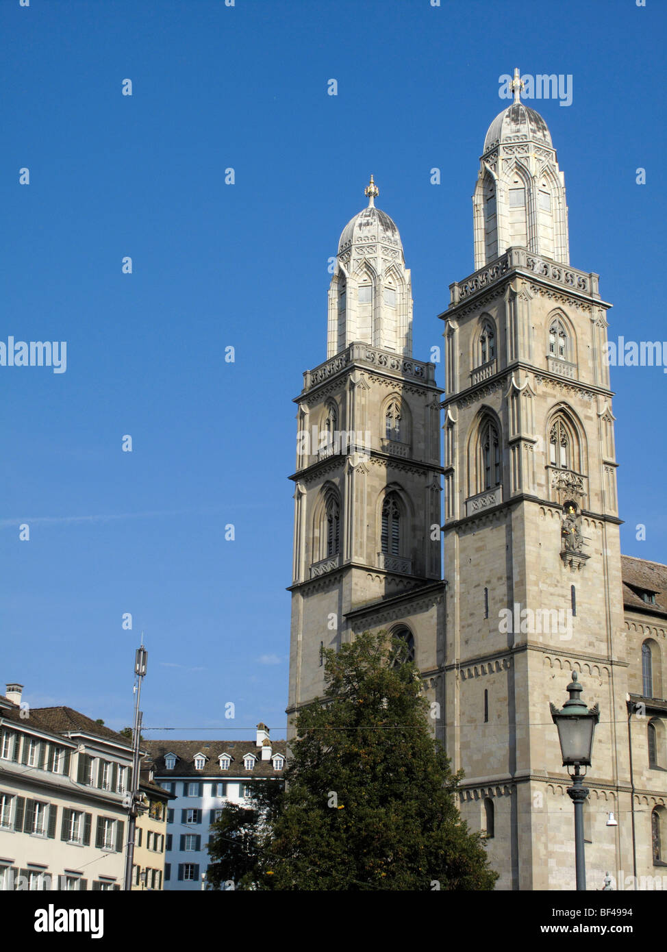 The two towers of the Grossmunster church in Zurich in Switzerland ...