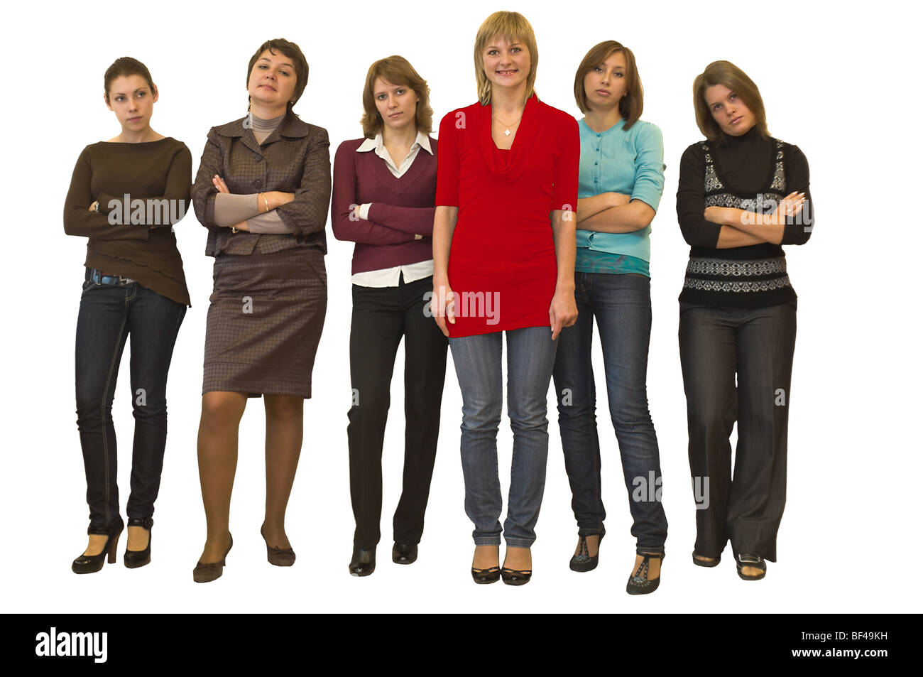 Six beautiful models a women stand on white background in studio. Full ...