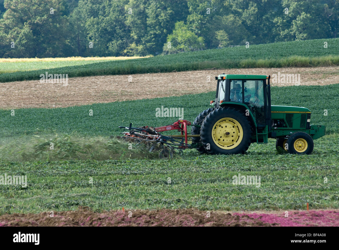 Tedding Hay with tractor Stock Photo - Alamy