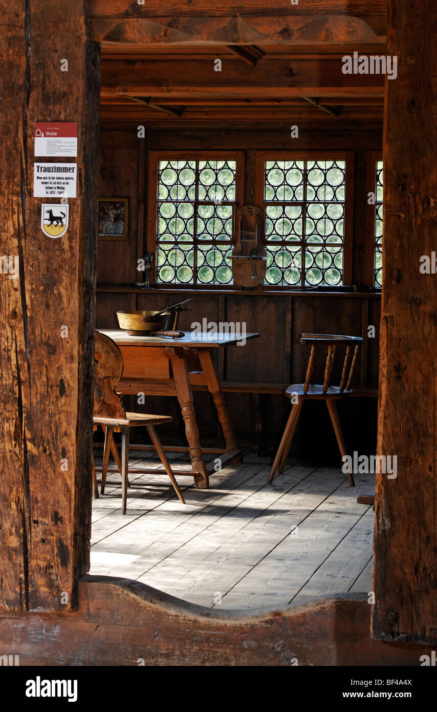 View into the living room of an historic farm house, built in 1705 ...