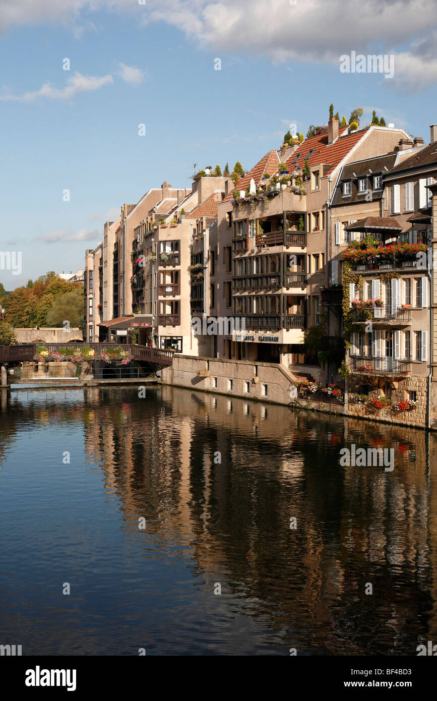 Riverside buildings and houses in Metz in the Lorraine region of France ...