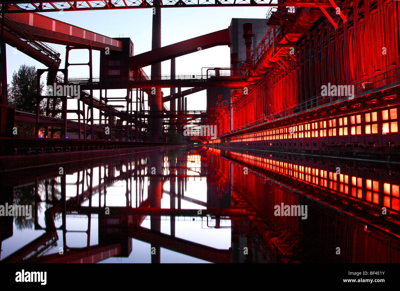Cokery, illuminated at World Heritage site Zeche Zollverein, coal mine ...