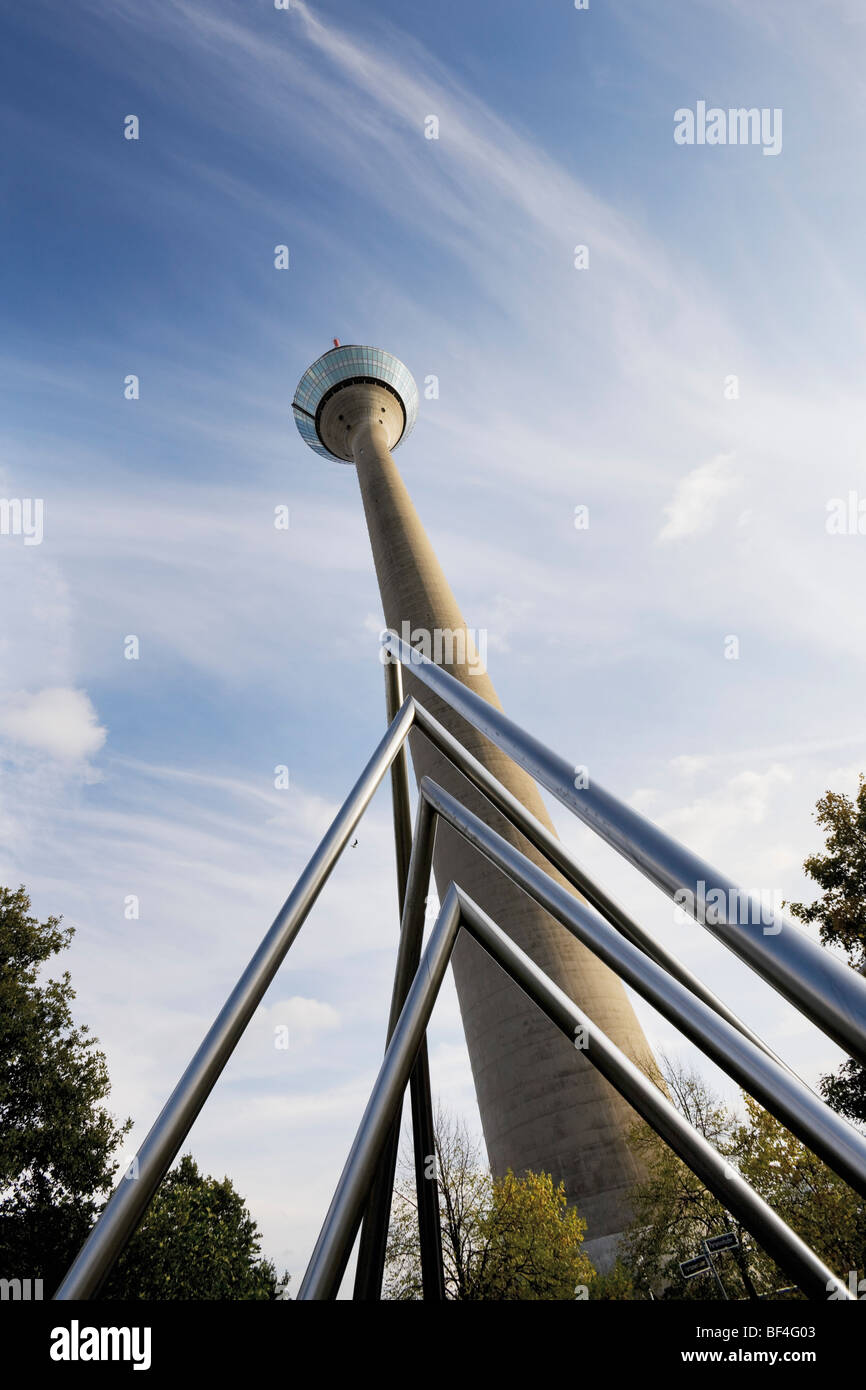 Rhine Tower behind a steel sculpture, Duesseldorf, North Rhine ...