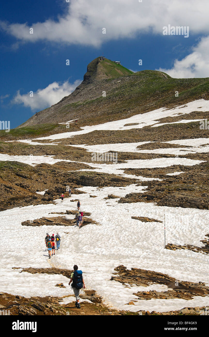 Hikers crossing a snowfield on their way to the Faulhorn summit ...