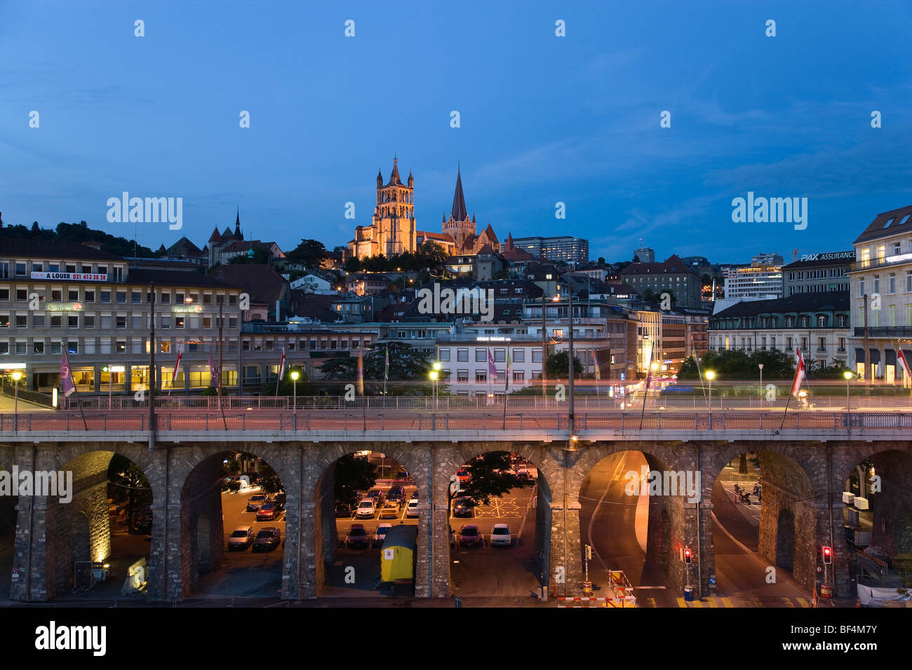 View over Grant Pont to Cathedrale Notre-Dame, Lausanne, Canton of Vaud ...