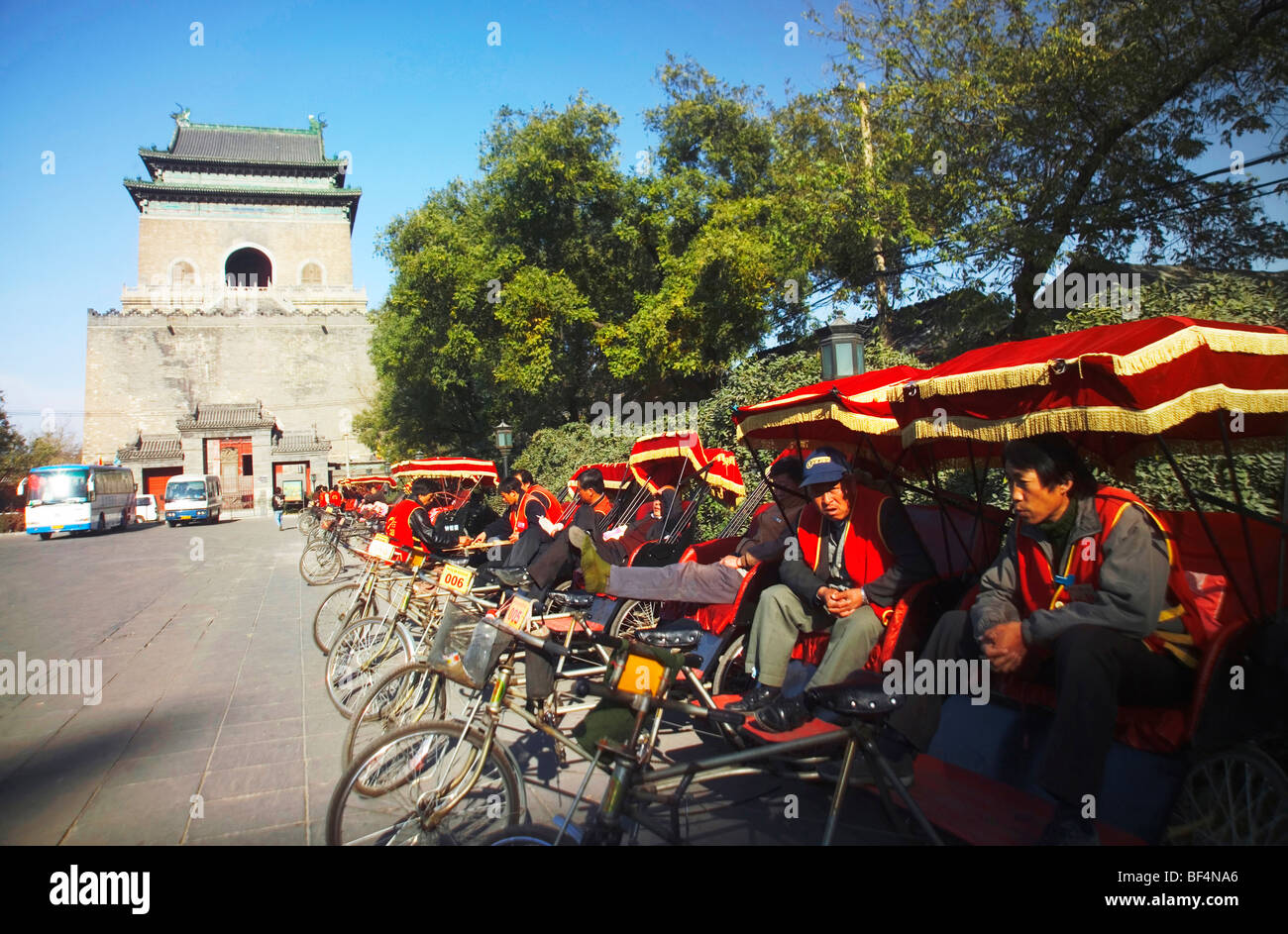 Rickshaw drivers waiting for customer near Bell Tower, Beijing, China ...
