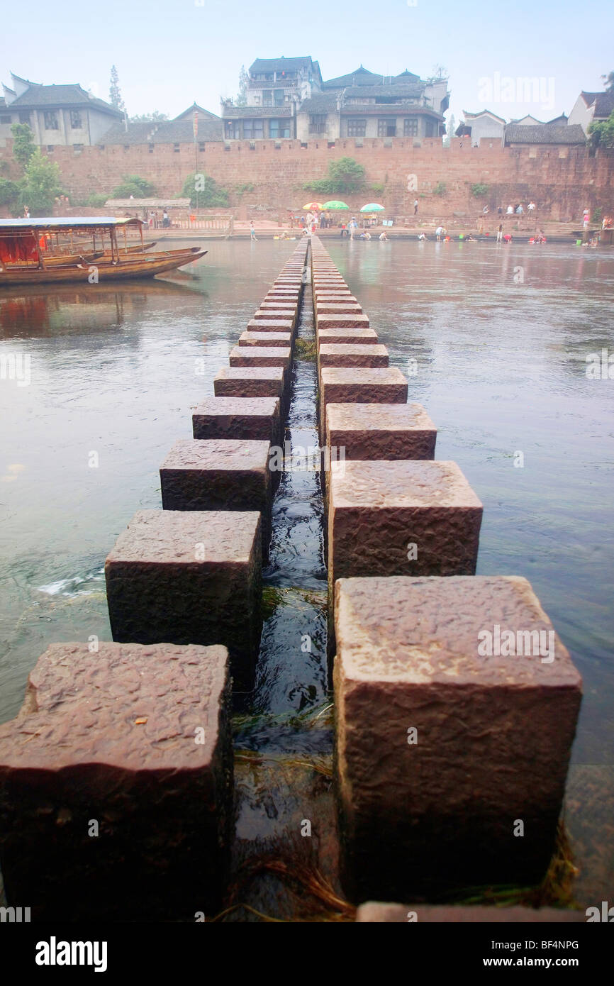 Stone bridge to across the Tuo River, Fenghuang Ancient Town, Hunan ...