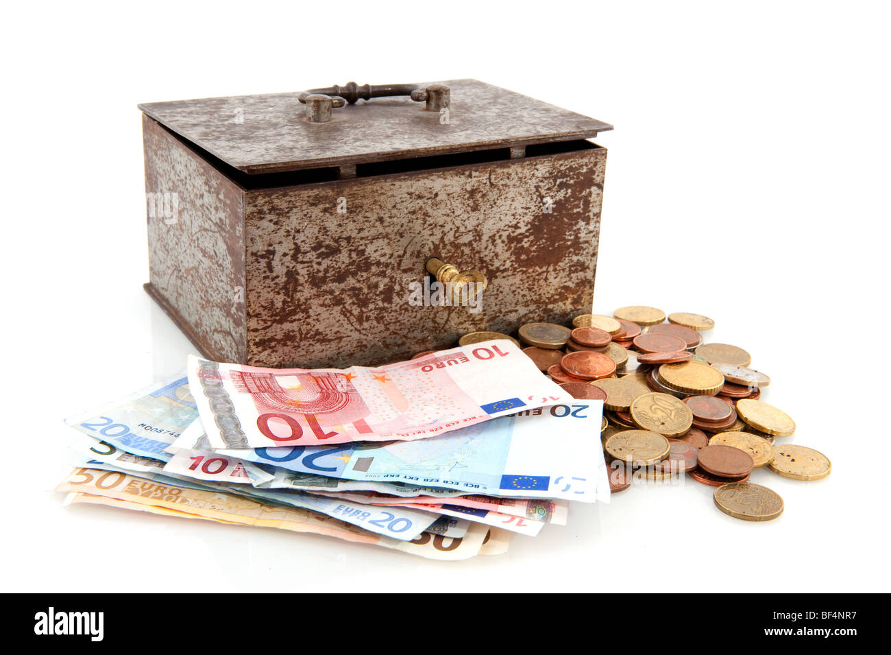 old,rusty money box with Euros isolated over white Stock Photo - Alamy