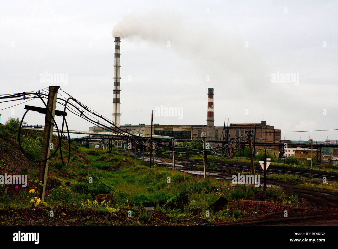 Industrial coal mining landscape with smoke stacks, Vorkuta, Komi ...