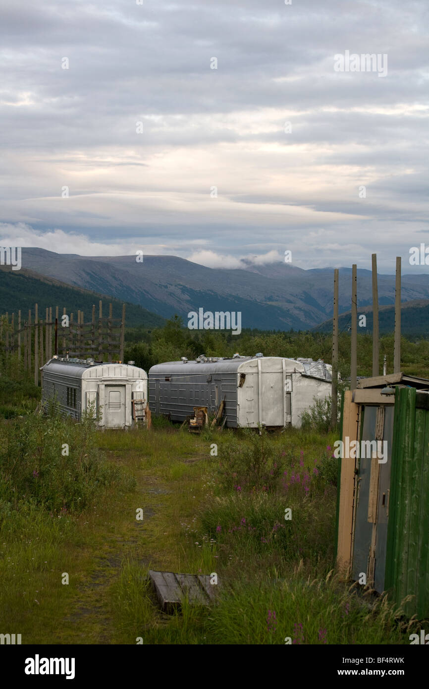 Caravan site in remote landscape, Polyarny, Russian Arctic, Russia ...