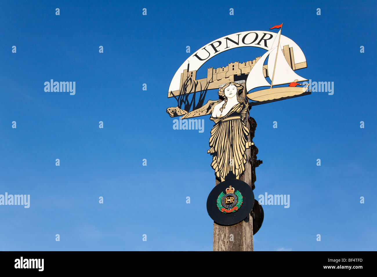 Village sign Upnor Kent UK and plaque of the Royal Engineers Stock ...