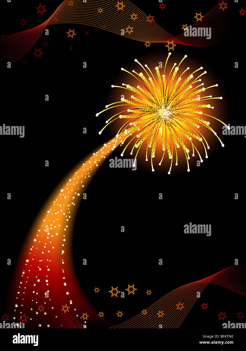 firework with light trail on a black background with waves and stars ...