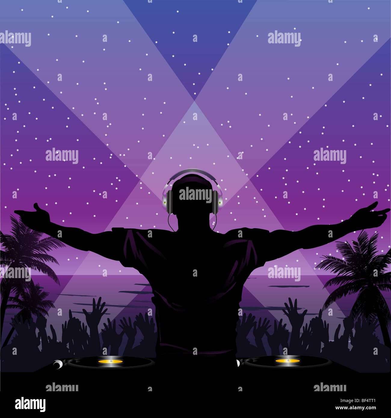 Midnight tropical beach party with male DJ and crowd against palm trees ...